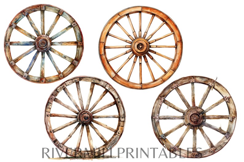 12 Antique Wagon Wheel Clipart Images, 300DPI PNG Files, Digital ...
