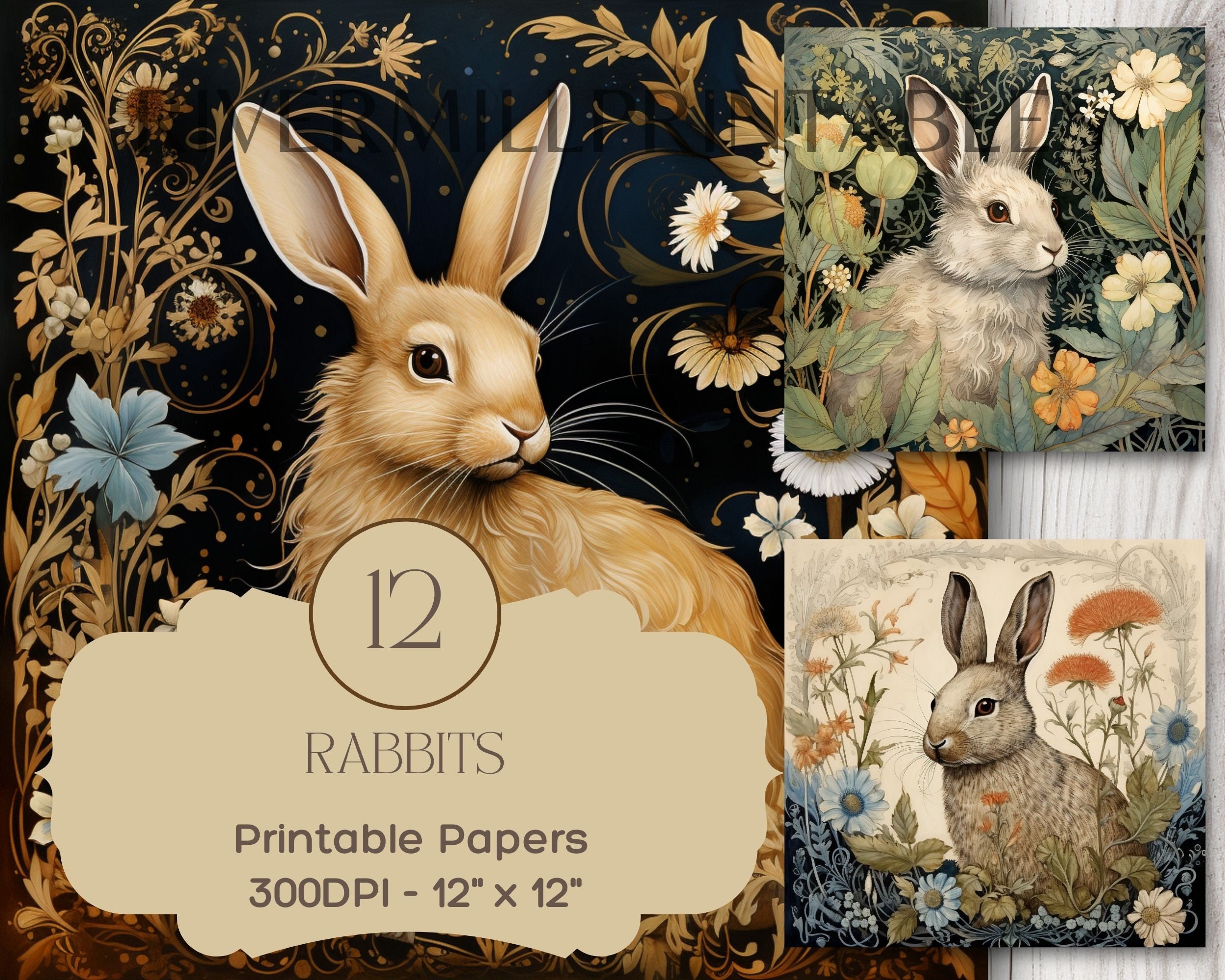 12 Rabbits Printable Papers, 300DPI JPG Files Digital Download ...