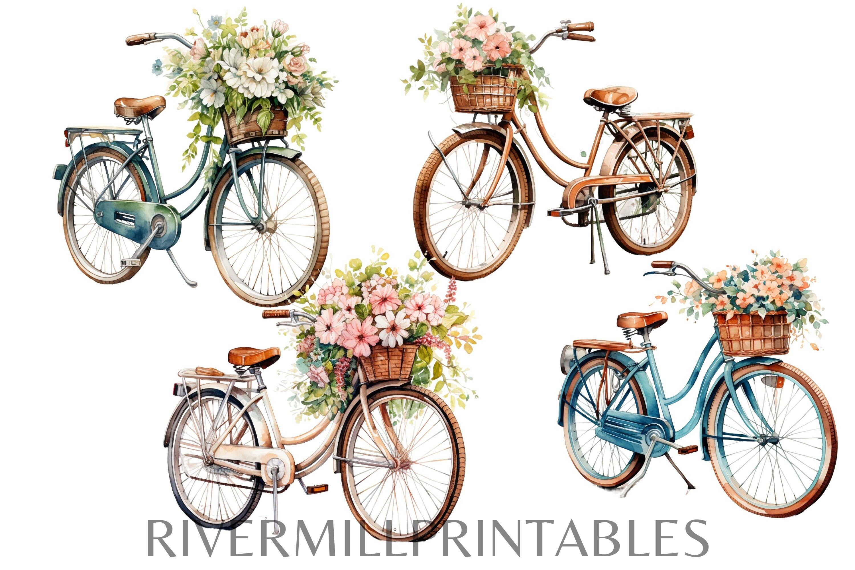 12 Vintage Bicycles With Flowers Clipart, 300DPI PNG Files, Digital ...