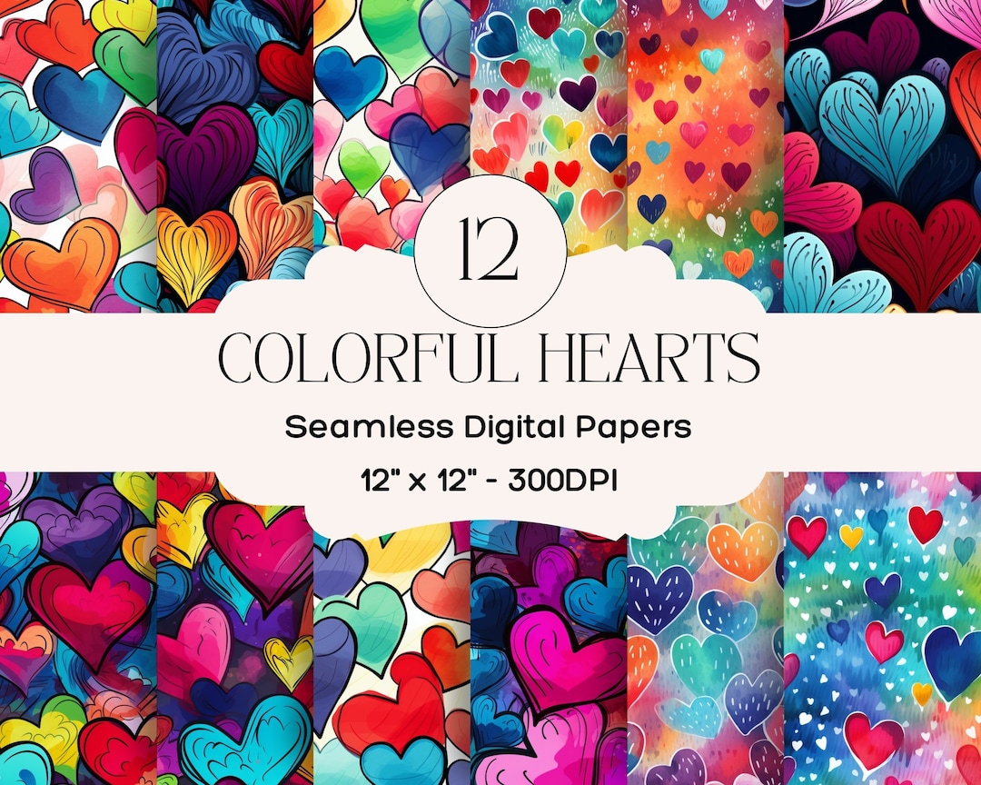 12 Seamless Hand Drawn Hearts Digital Papers, 300DPI JPG Files Digital ...
