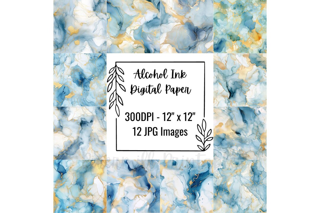 12 Seamless Dusty Blue & Gold Alcohol Ink Digital Papers 300DPI JPG ...