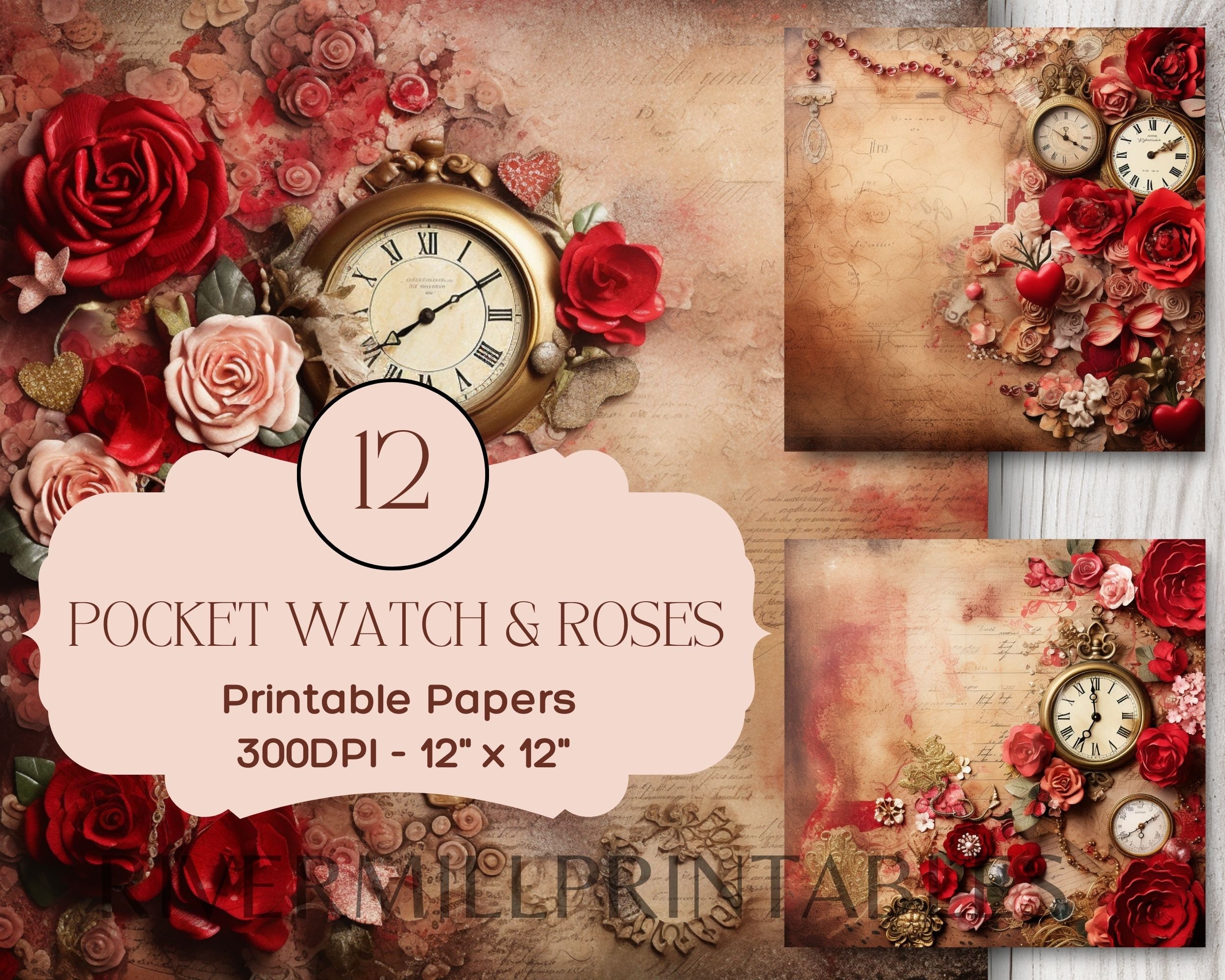 12 Rose & Pocket Watches Printable Papers 300DPI JPG Files - Etsy