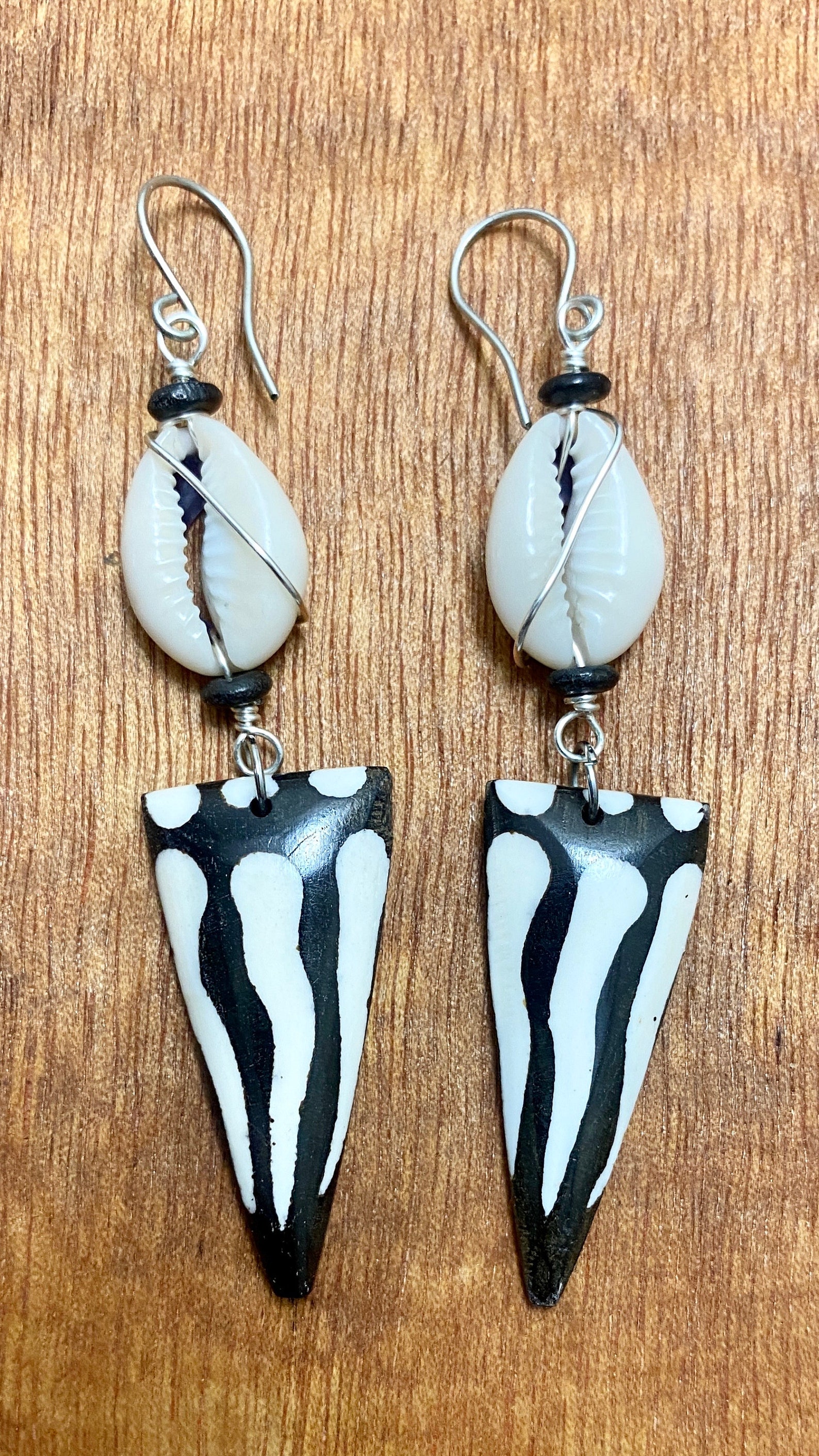 Batik Bone, Wire Wrapped Cowrie Shell. Ethnic Earrings - Etsy