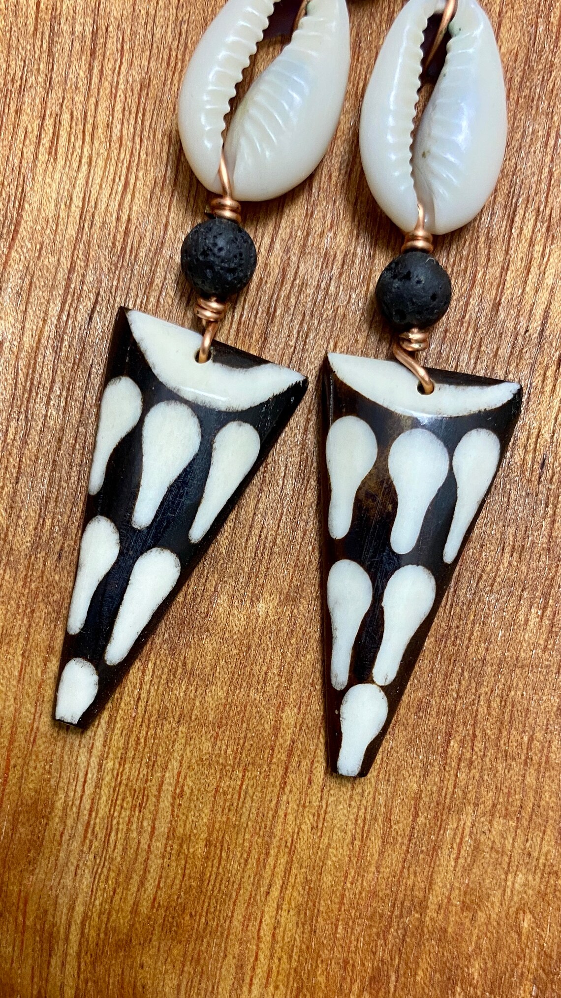 Batik Bone, Wire Wrapped Cowrie Shell. Ethnic Earrings - Etsy