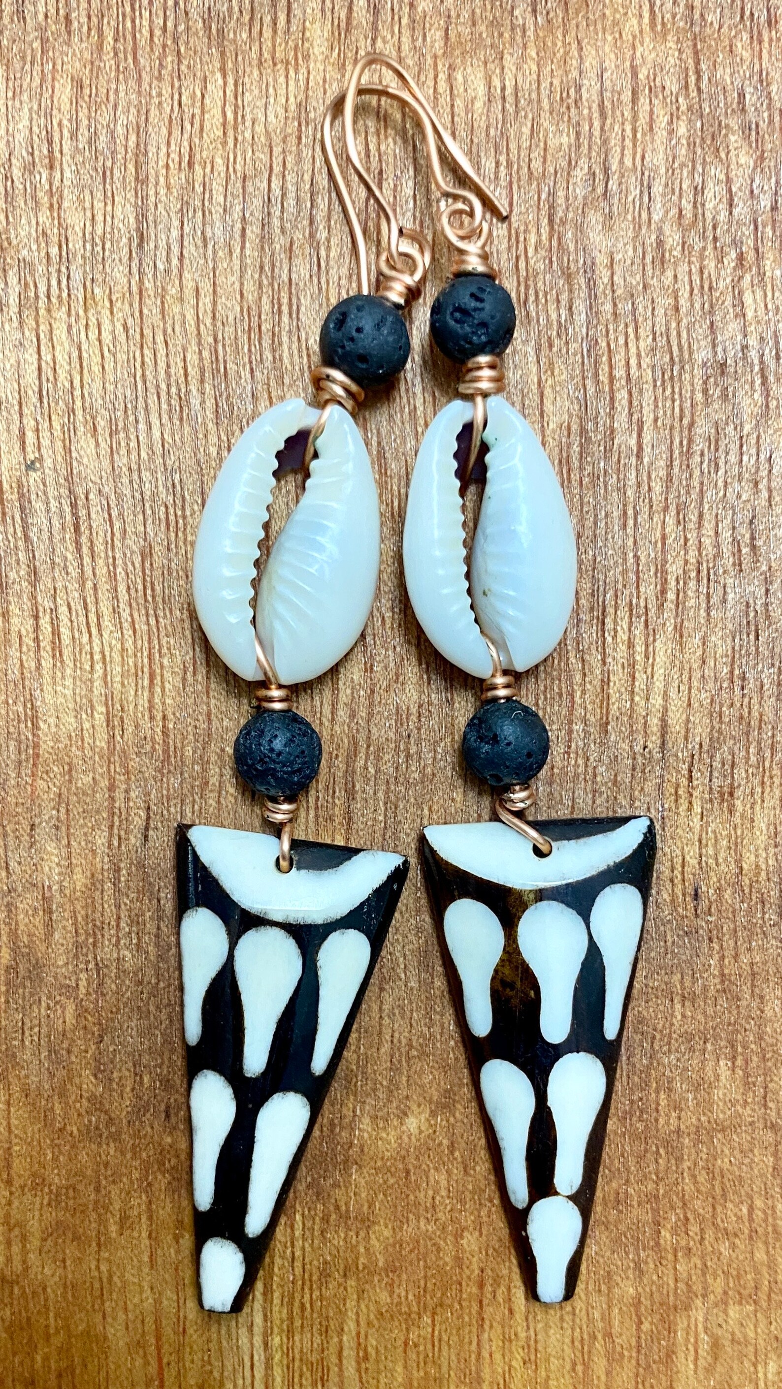 Batik Bone, Wire Wrapped Cowrie Shell. Ethnic Earrings - Etsy