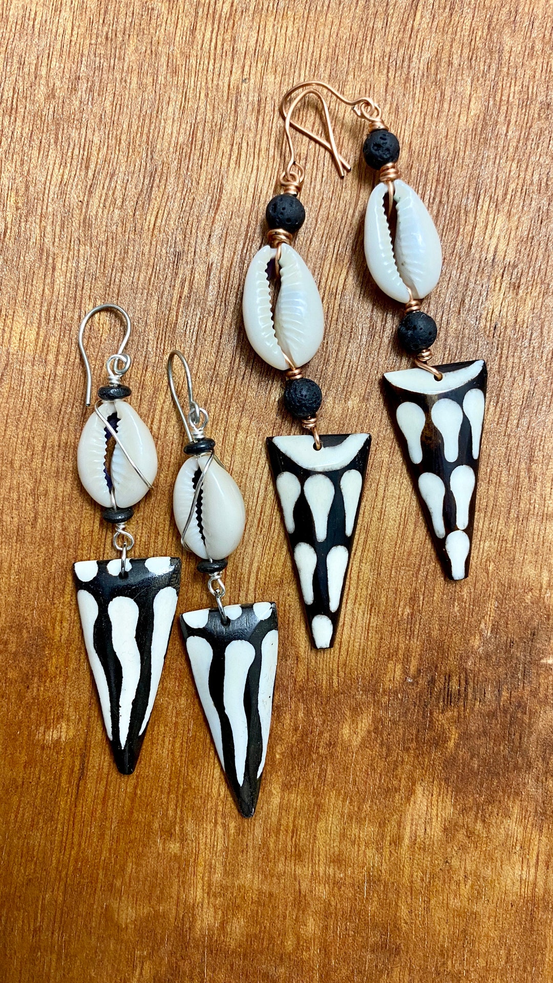 Batik Bone, Wire Wrapped Cowrie Shell. Ethnic Earrings - Etsy