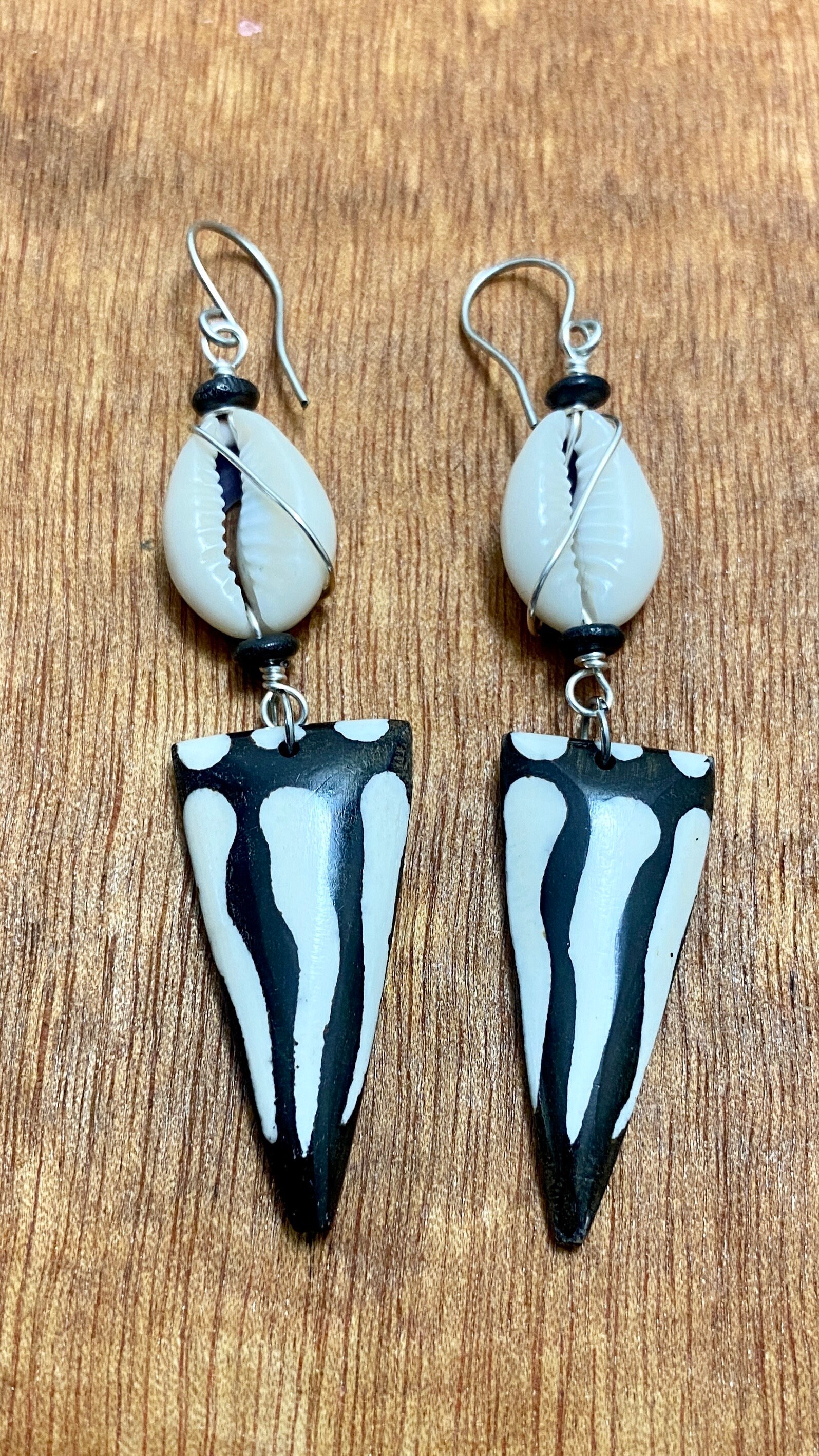 Batik Bone, Wire Wrapped Cowrie Shell. Ethnic Earrings - Etsy