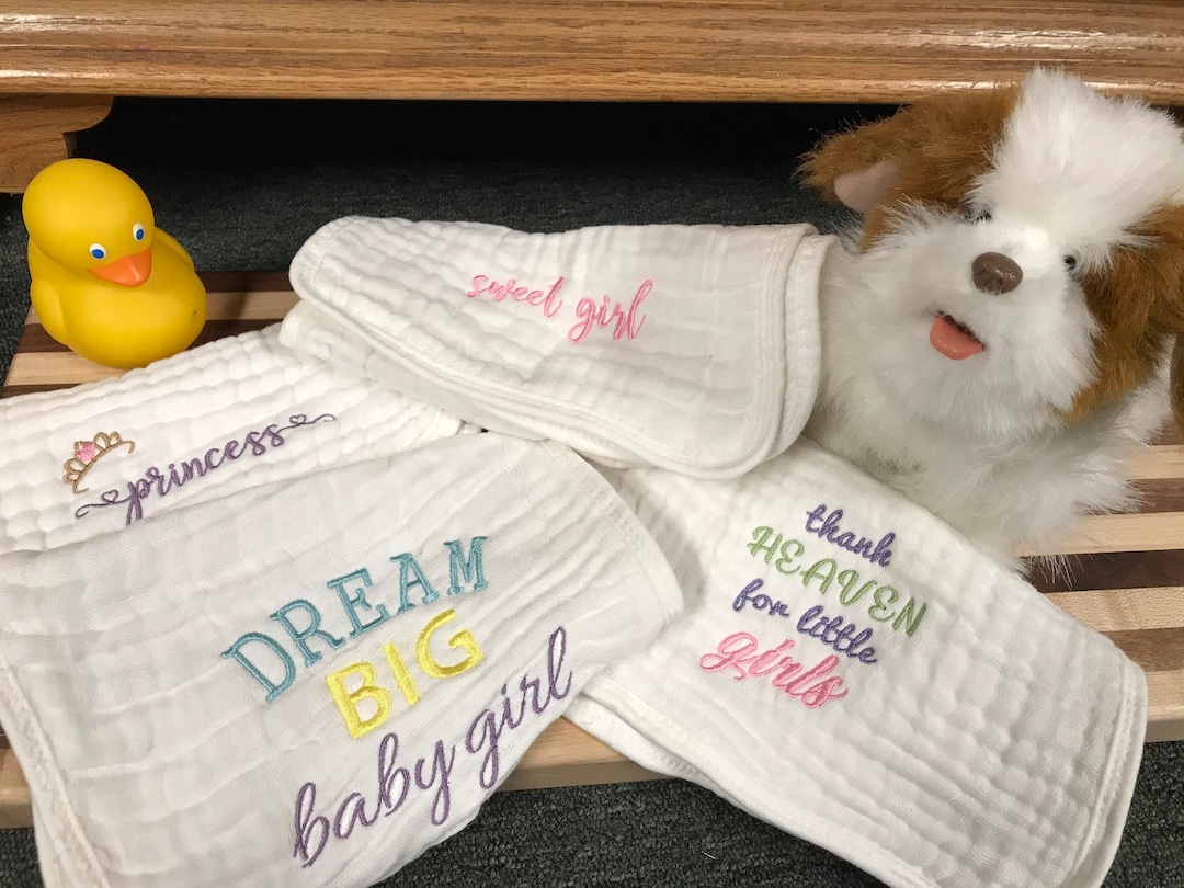 Set of FOUR Muslin Cotton White Burp Cloths With Cute Sayings - Can Be ...