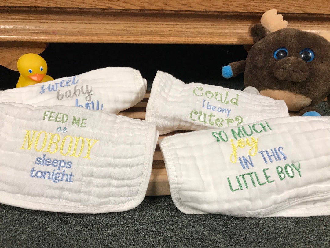 Set of FOUR Muslin Cotton White Burp Cloths With Cute Sayings - Can Be ...