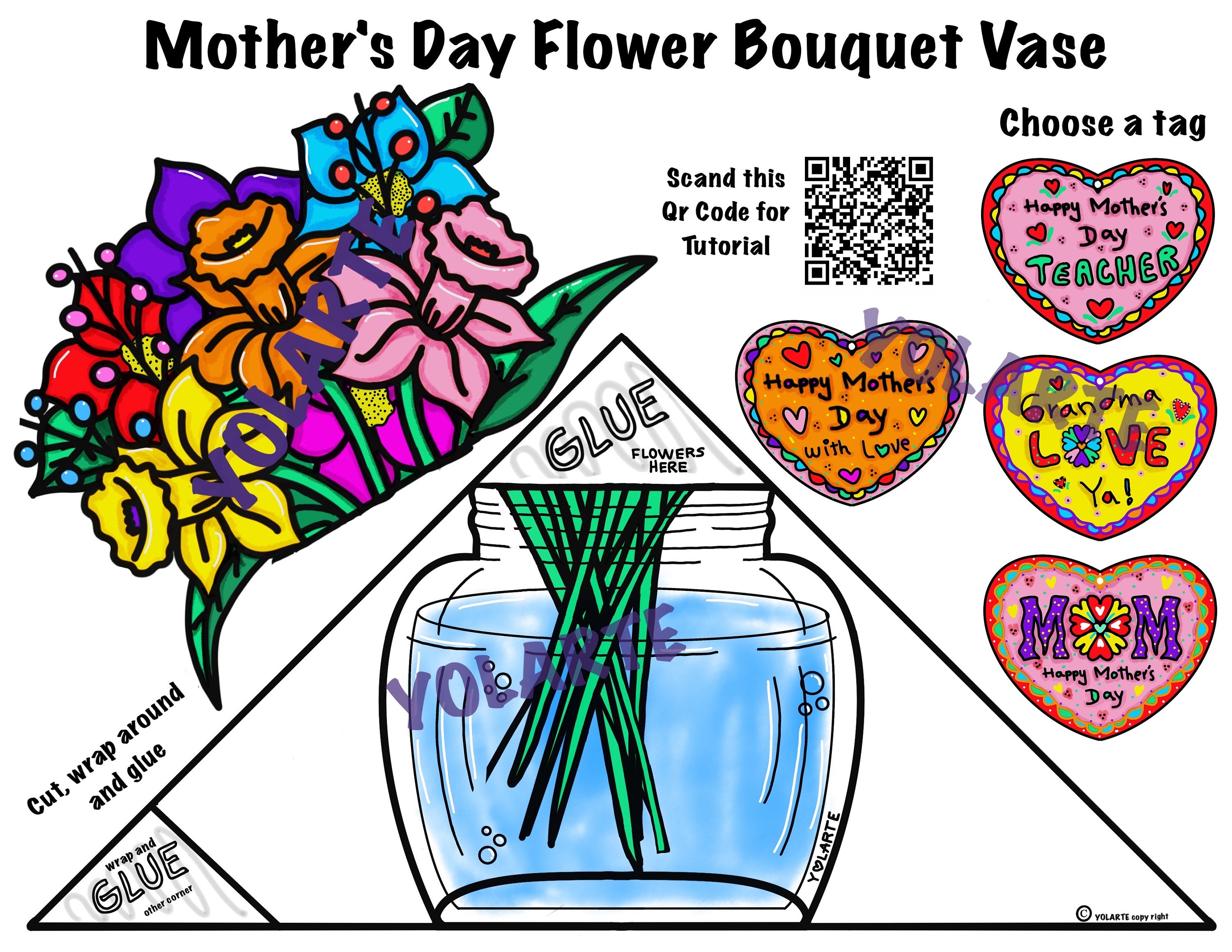 Mother's Day Flower Bouquet Vase 3D Card, Activity and Craft, Diy ...