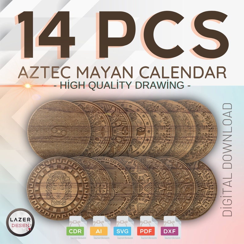 14 Pcs of Wood Laser Engraved Aztec Mayan Calendar Laser File Wood ...
