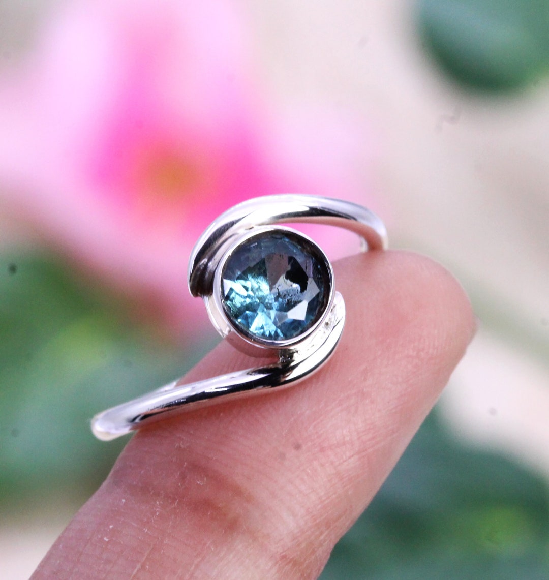 Silver Ring/ Blue Topaz Ring/ Tiny Band Ring/ Midi Stacking Ring/ Daily ...