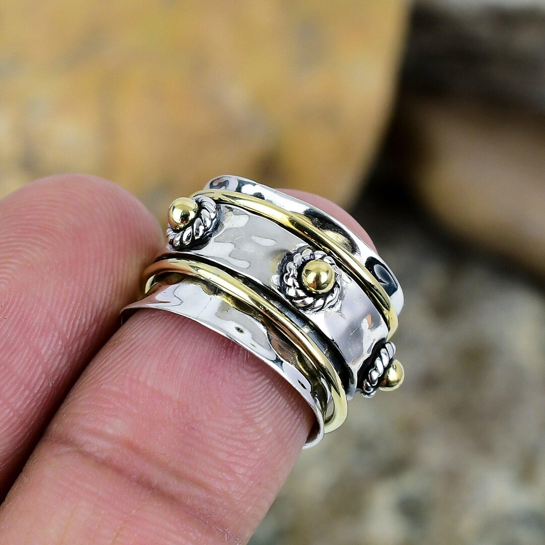 925 Solid Silver Wide Band Spinner Meditation Ring/multi Metal ...
