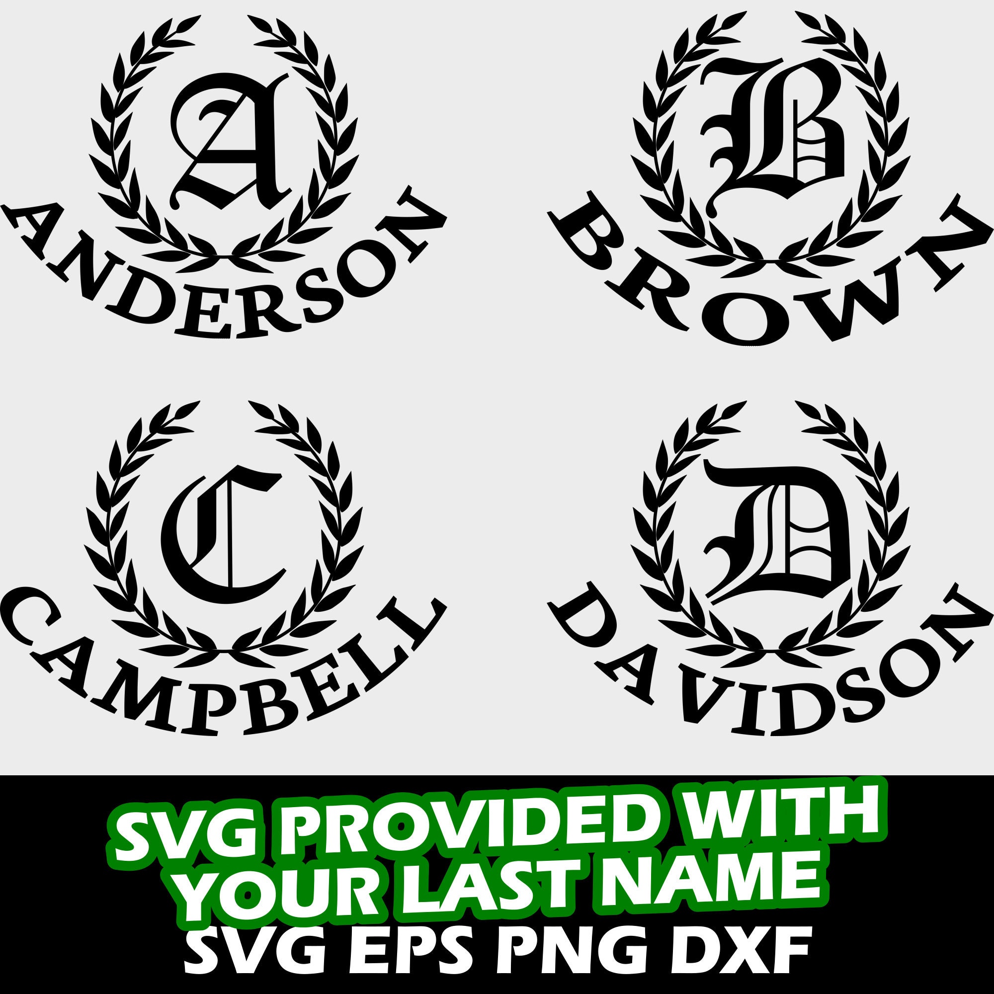 4 Last Name Svg, Split Monogram Svg, Family Name Svg, Laurel Wreath Svg ...