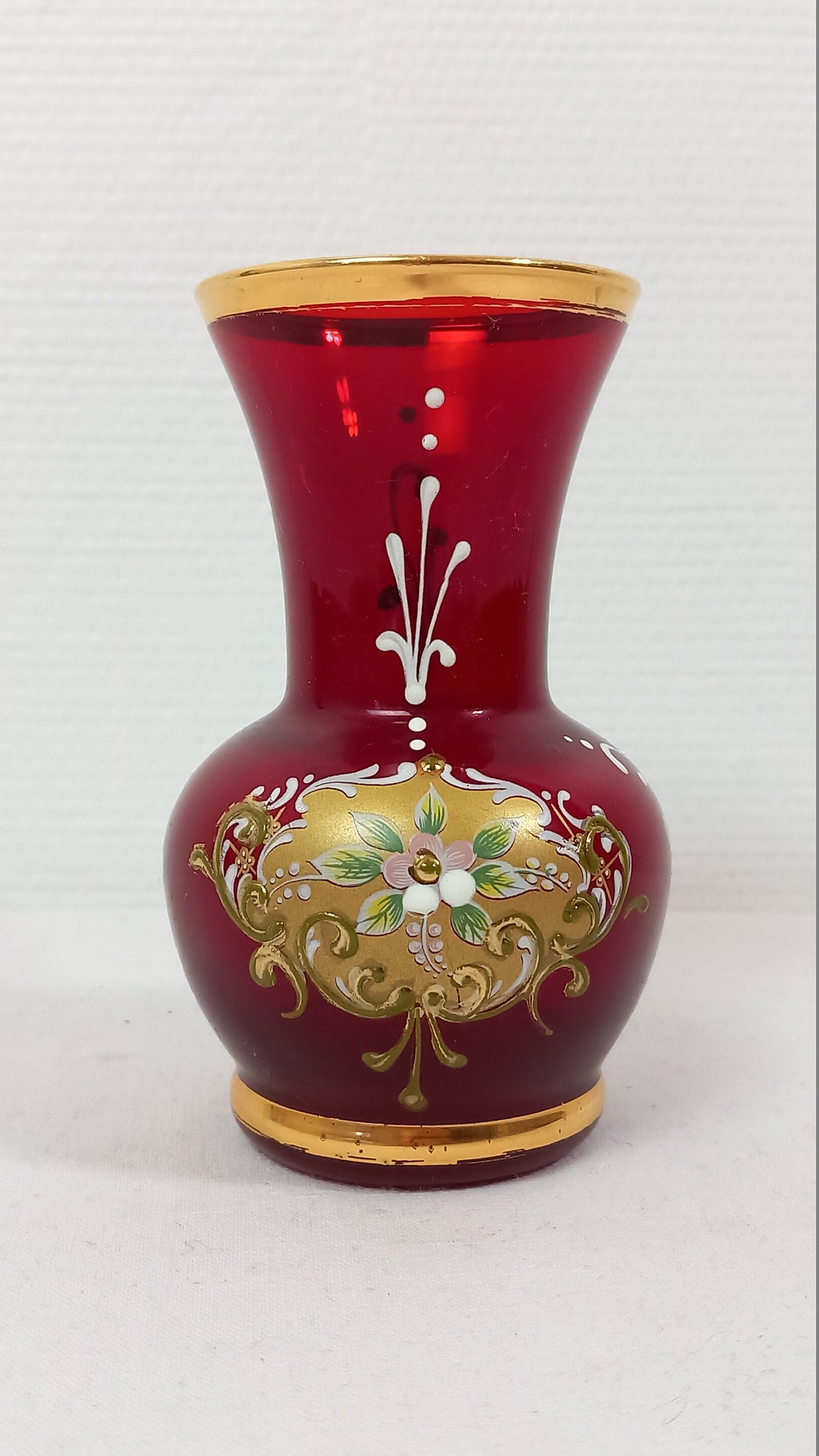 Vintage French Small Hand Painted Red Glass Decorative Vase - Etsy