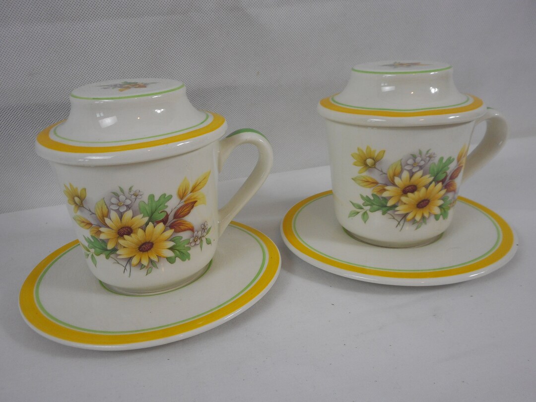 Pair of Stunning Vintage French Ceramic Tea Cups and Saucers With Lids ...