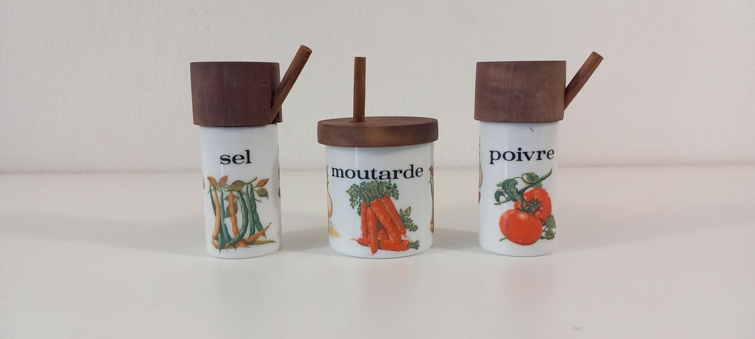 Vintage French Glass and Wood 3 Piece Table Condiment Set Salt and ...