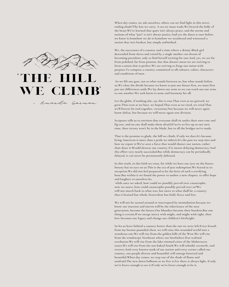 Amanda Gorman Print Inauguration Poem the Hill We Climb | Etsy