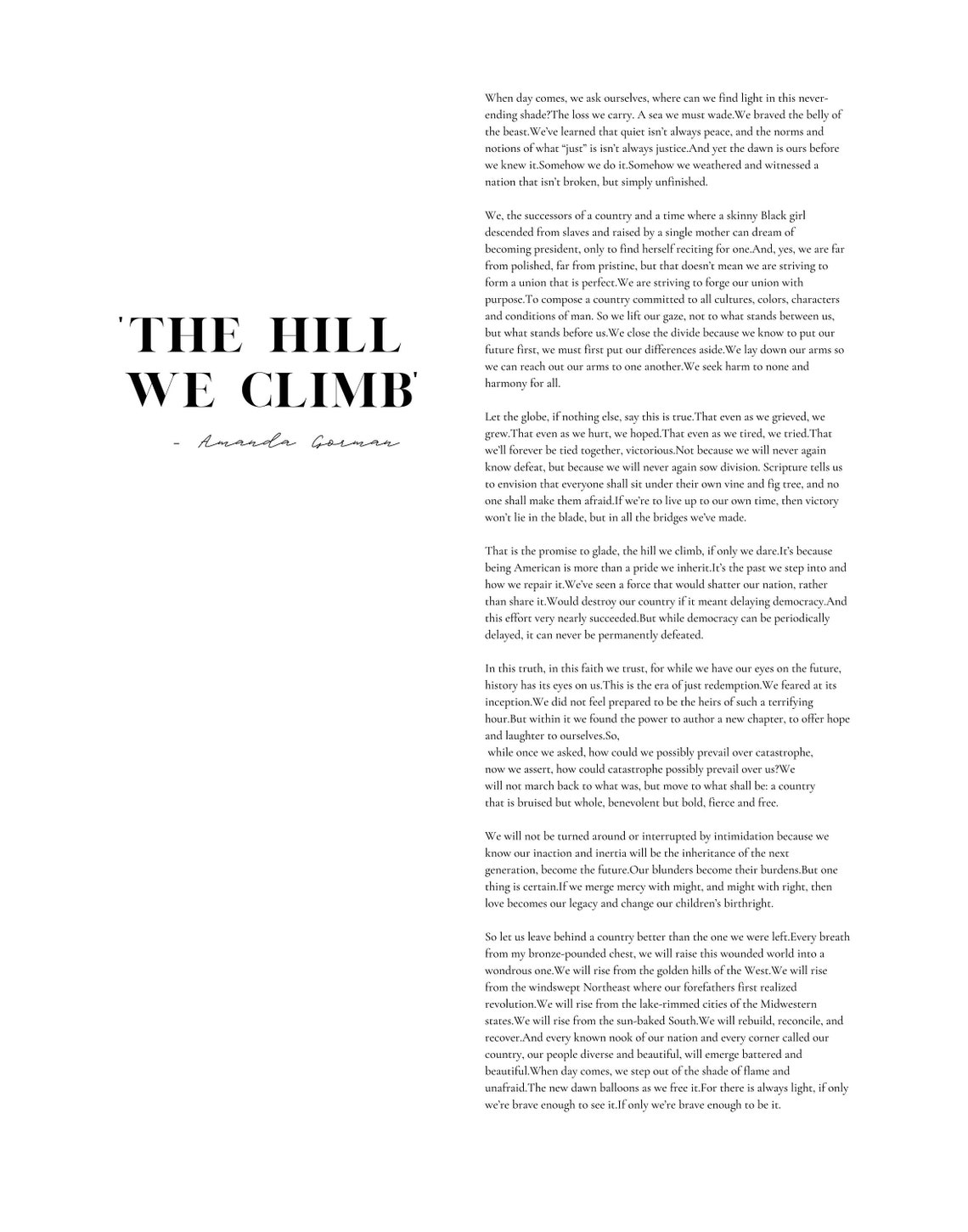 Amanda Gorman Print, Hill We Climb, Poem, Poster the Hill We Climb ...