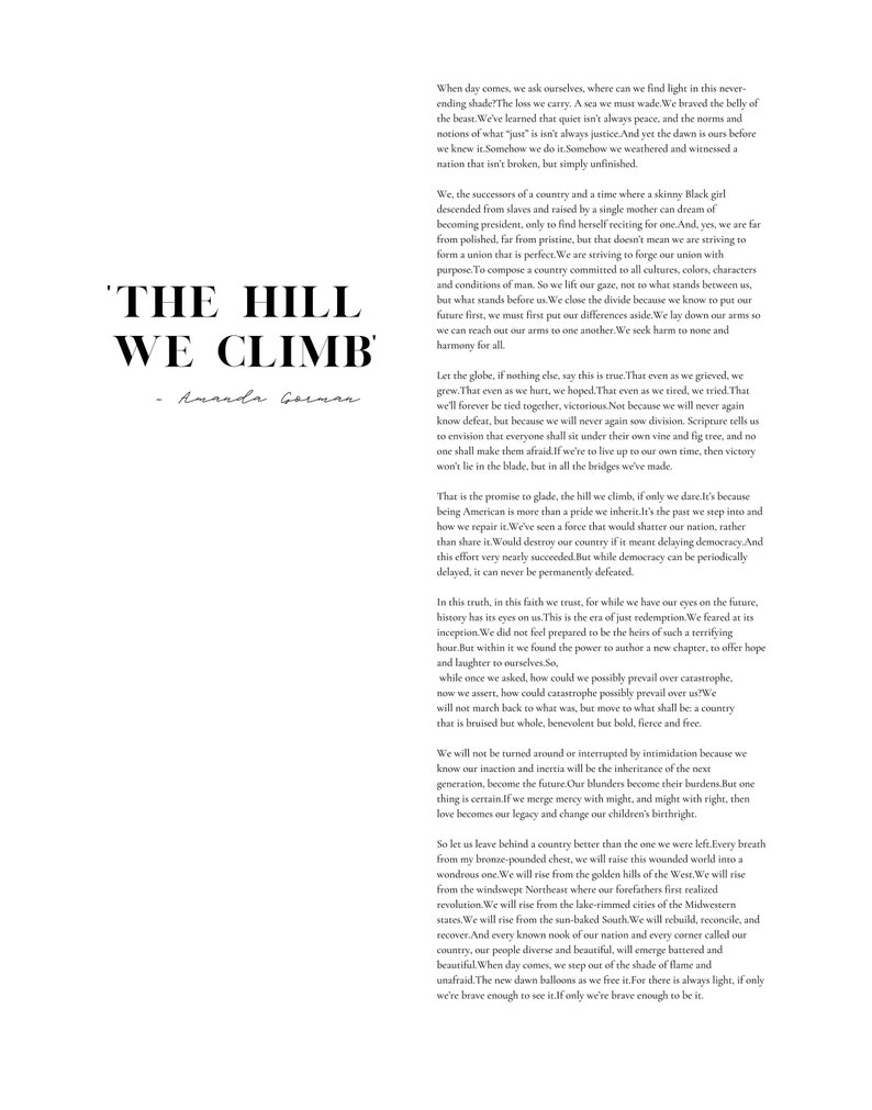 Amanda Gorman Print Hill We Climb Poem Poster the Hill We - Etsy