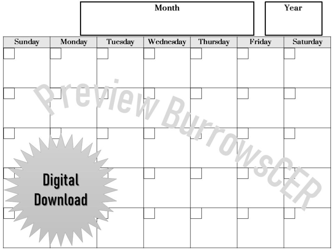 Blank Calendar Page Template, Digital Download, Instant Download ...