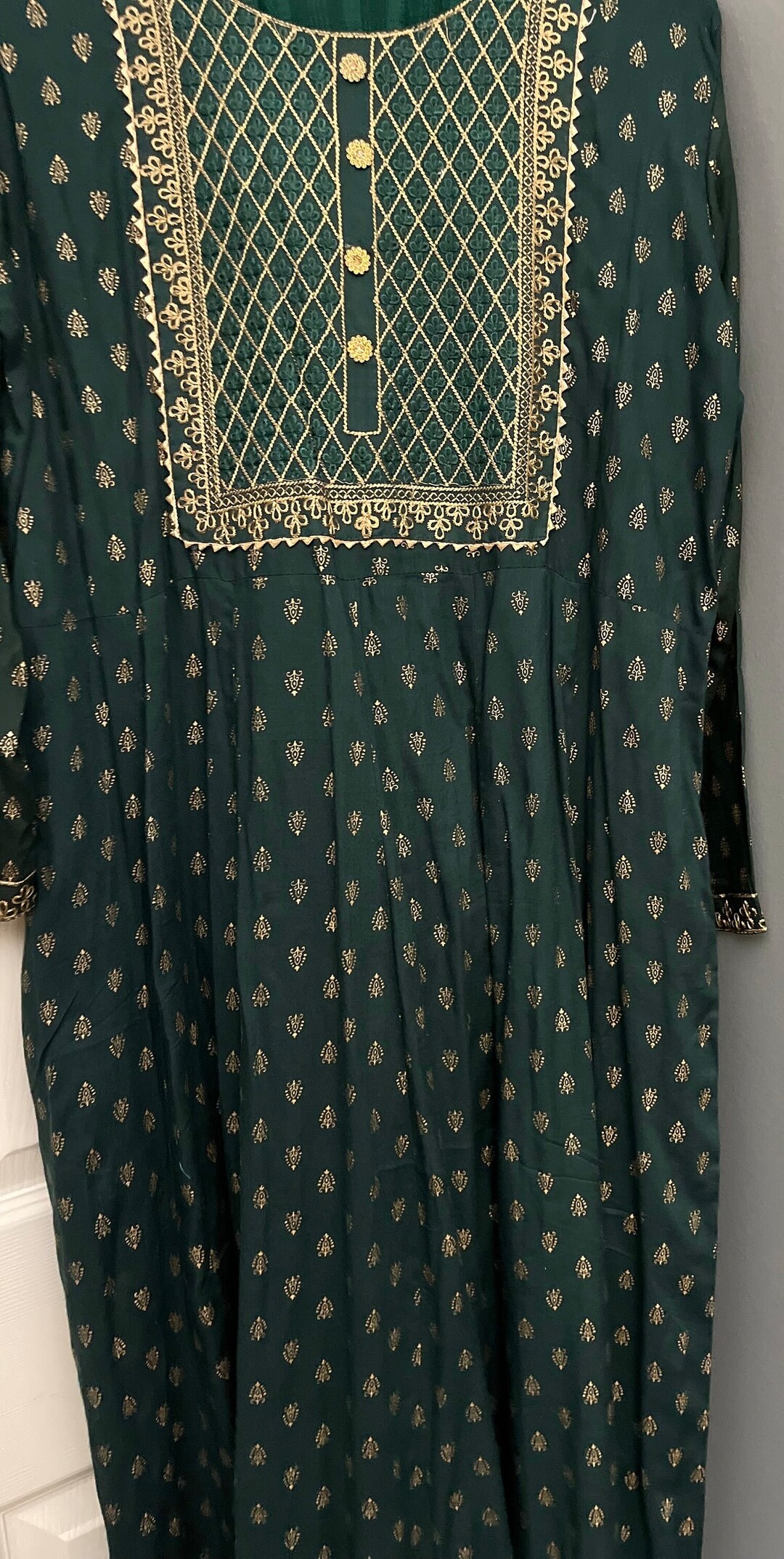 Block Printed Green Pishwas Frock: Embroidered Pakistani Indian Dress ...