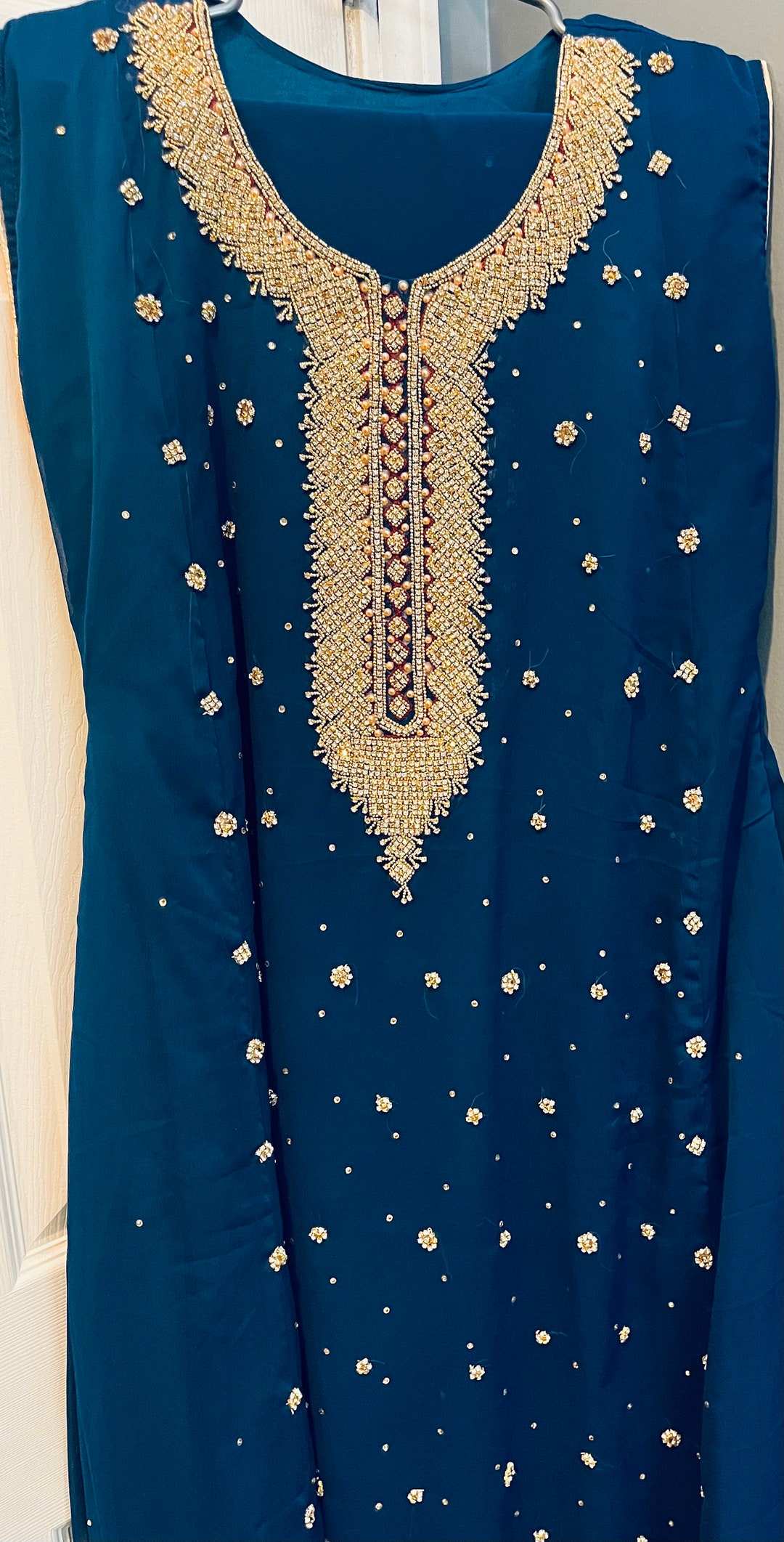 Embroidered Chiffon Pakistani Dress: Stone Work Frock, Laced Dupatta - Etsy