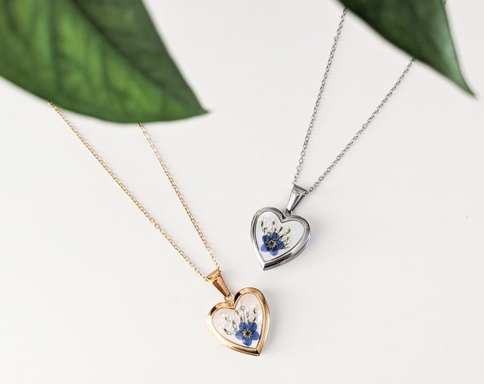Handmade Pressed Forget Me Not Heart Necklace Stainless Steel Floral ...