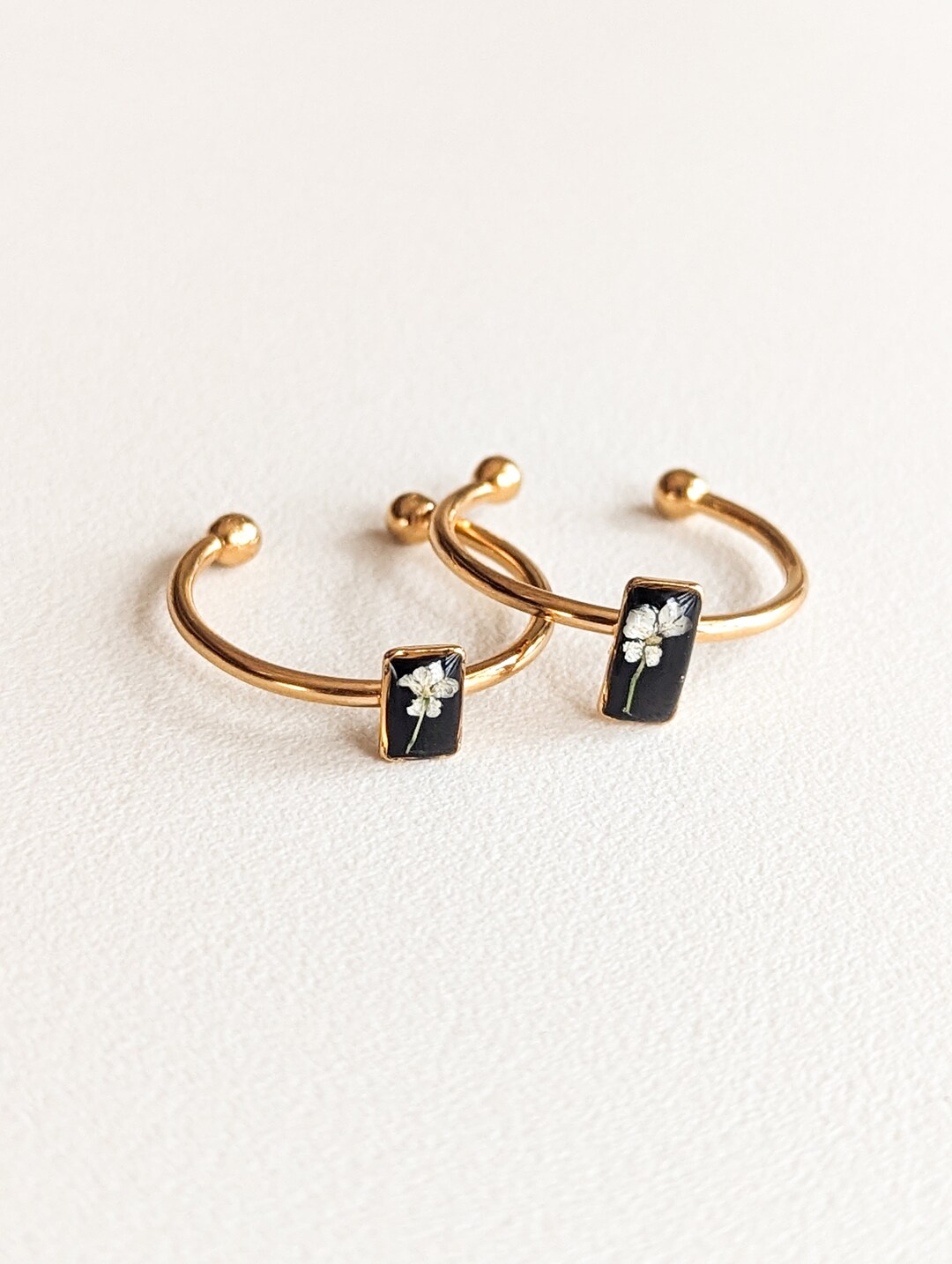 Black Tiny Stacking Ring Preserved Lace Flower Gold Stainless Steel ...