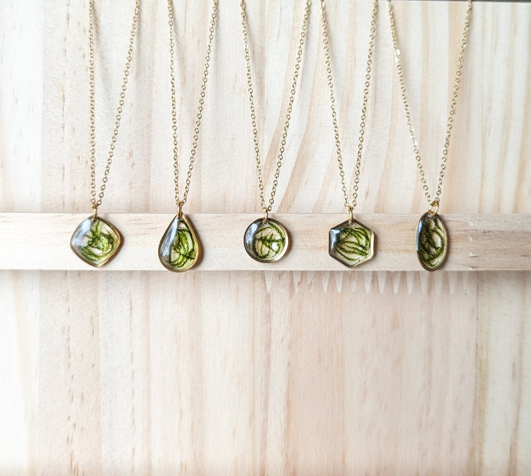 Real Moss Preserved Moss Pendant Necklace Gold Plated Stainless Steel ...