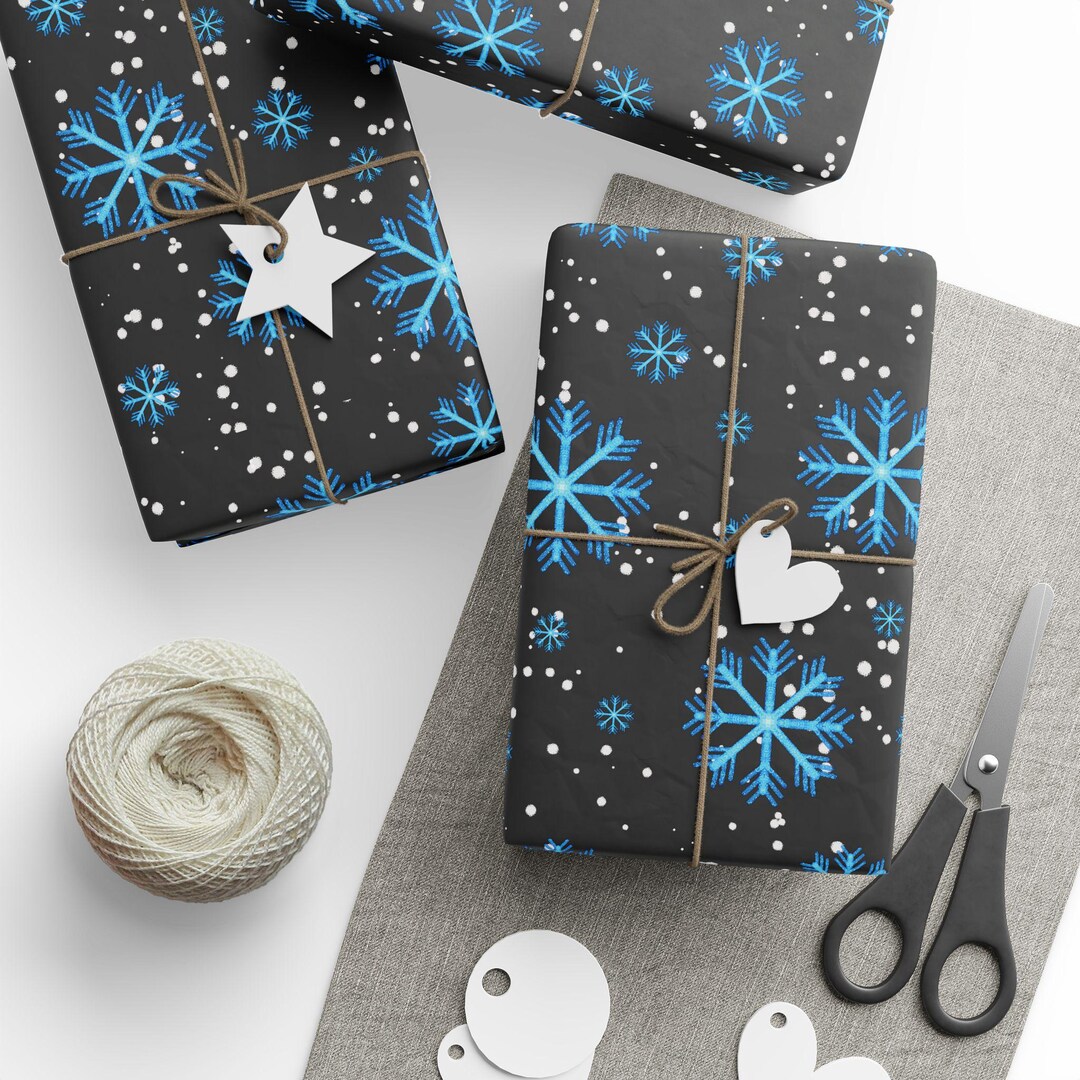 Blue Snowflake Pattern Wrapping Paper Black Background | Winter Holiday ...