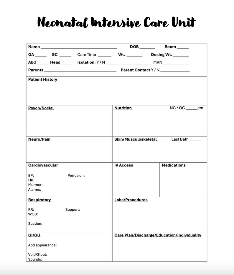 NICU RN Report Sheet - Etsy