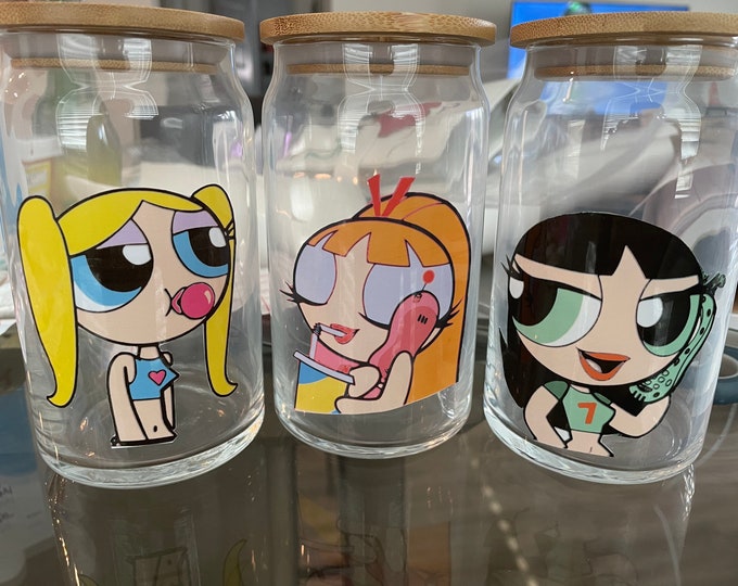 Powerpuff Girls 16 Oz Glass Libby Cup W/bamboo Lid and Glass Straw - Etsy