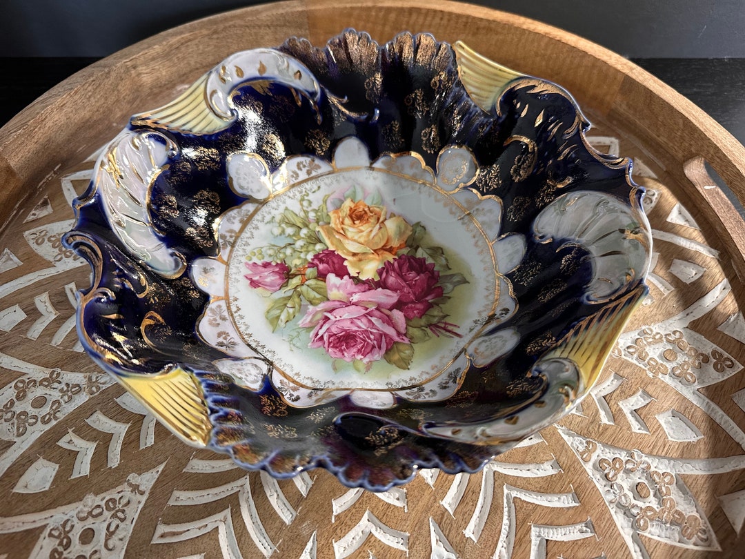 Antique IPF Germany Blue Dish W/ Pink Flowers Gorgeous 1903-1930's - Etsy