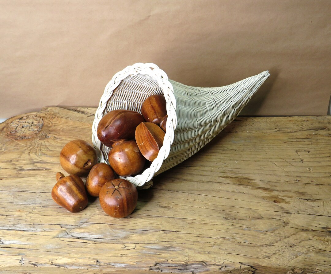 MCM Cornucopia Wicker Horn & Wooden Fruit / Fast Safe N Free Shipping ...