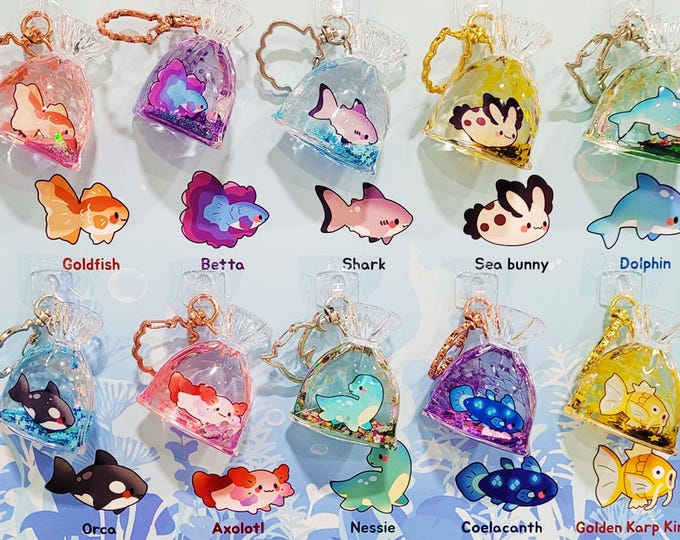 Fish Bag Liquid Filled Shaker Charms - Goldfish, Betta Fish, Shark, Sea ...