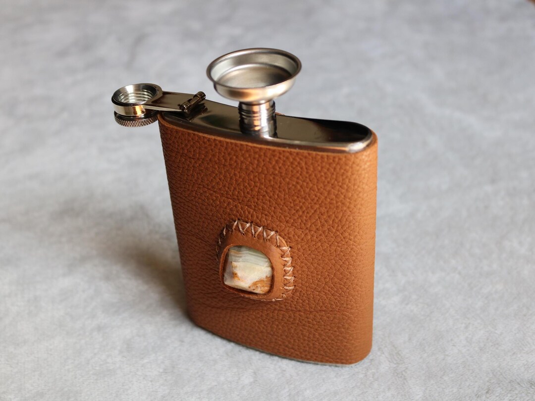 Leather Wrapped Flask With Green Onyx Inset - Handmade Drinkware - Etsy