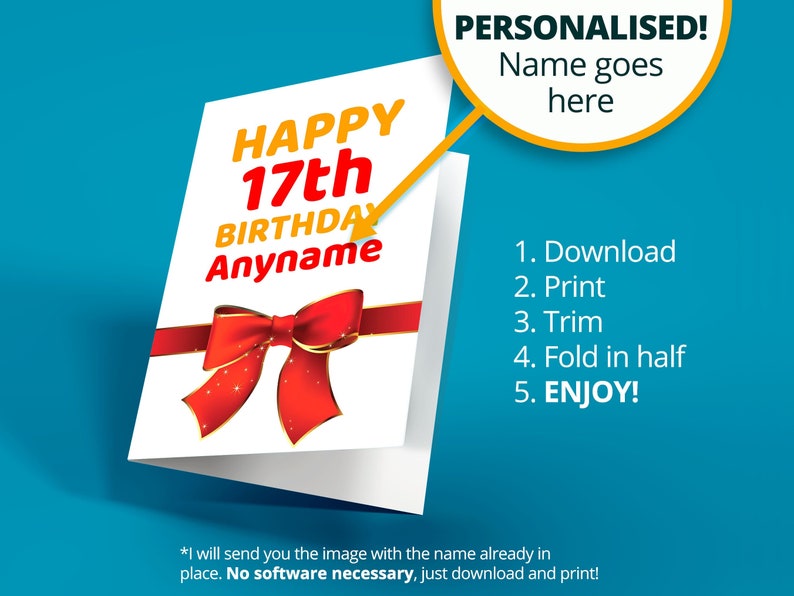 Happy 17th Birthday Card - Printable, Personalised With Your Friend's ...