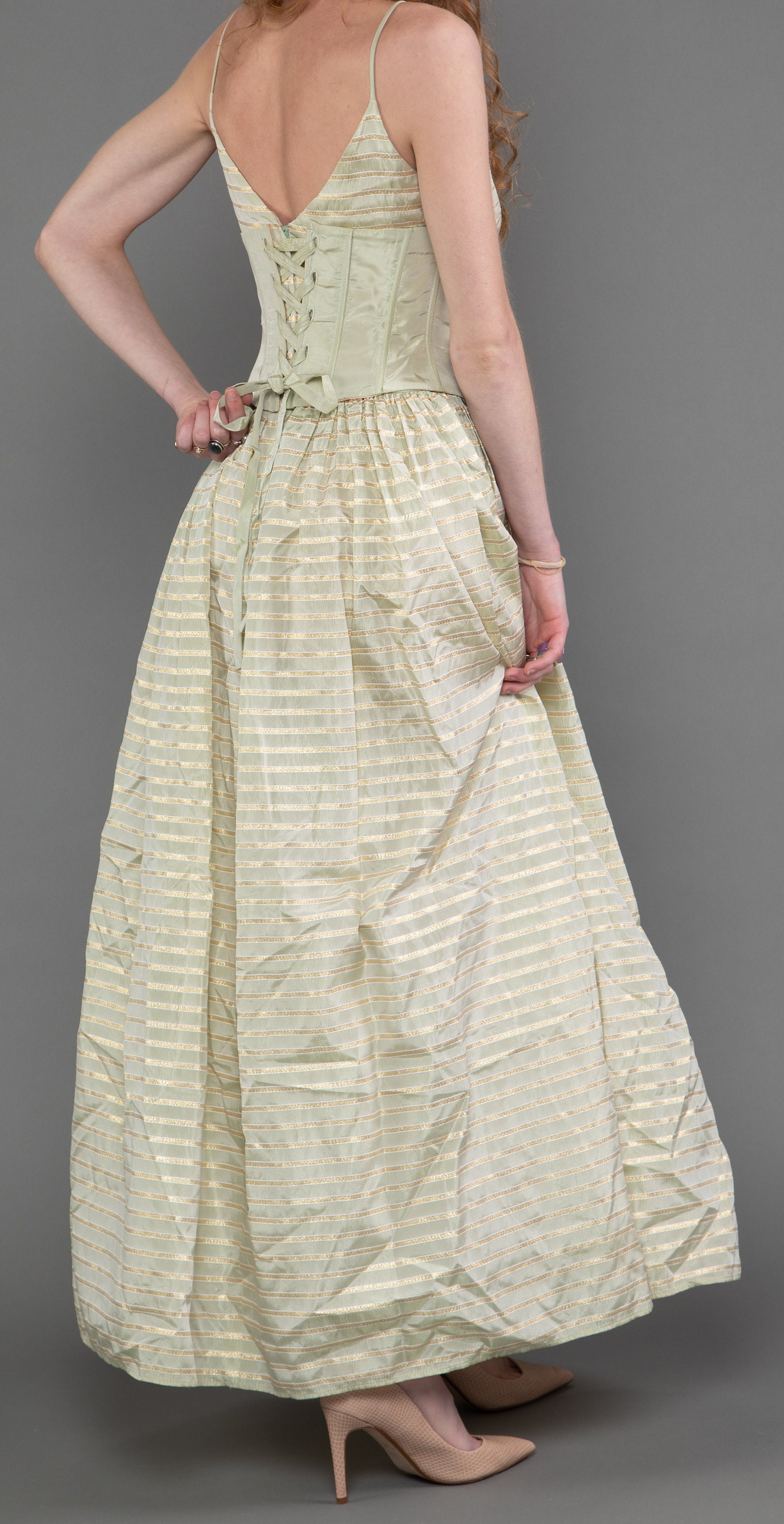 Vintage 1980's Gunne Sax by Jessica Pastel Green Corset Dress, 80's (5/ ...