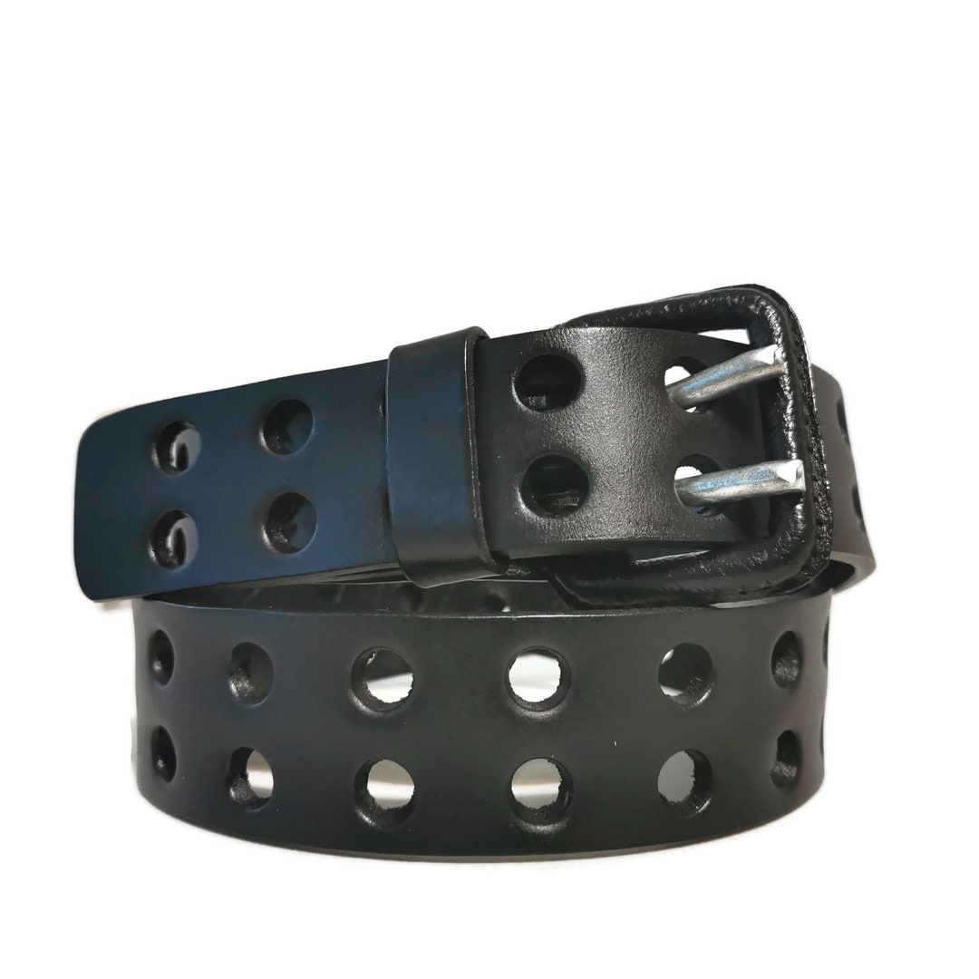 Black Double Hole Belt, Heavy Duty, Double Prong, Mens Leather Belt ...