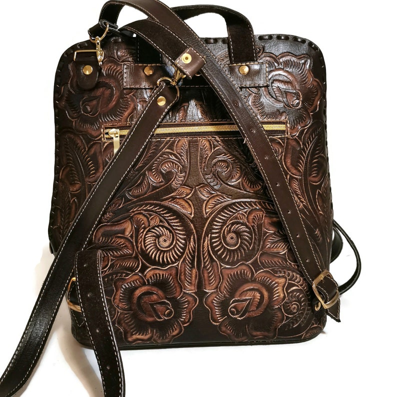 Leather BAG BACKPACK Boho Handmade Hand Tooled Brown | Etsy