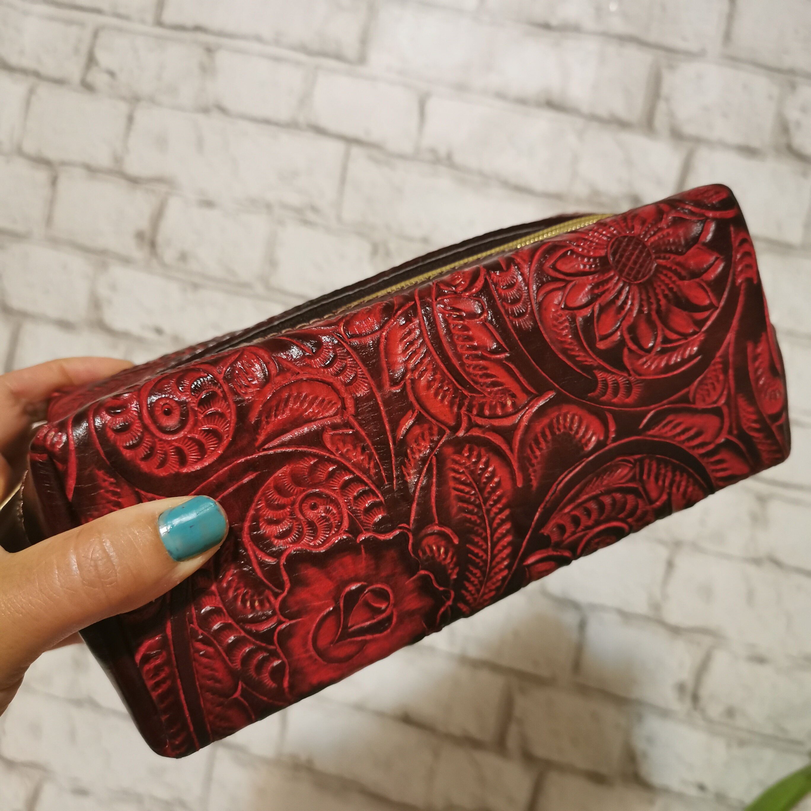 Leather Cosmetic Bag For Women Makeup Bag Hand Tooled | Etsy