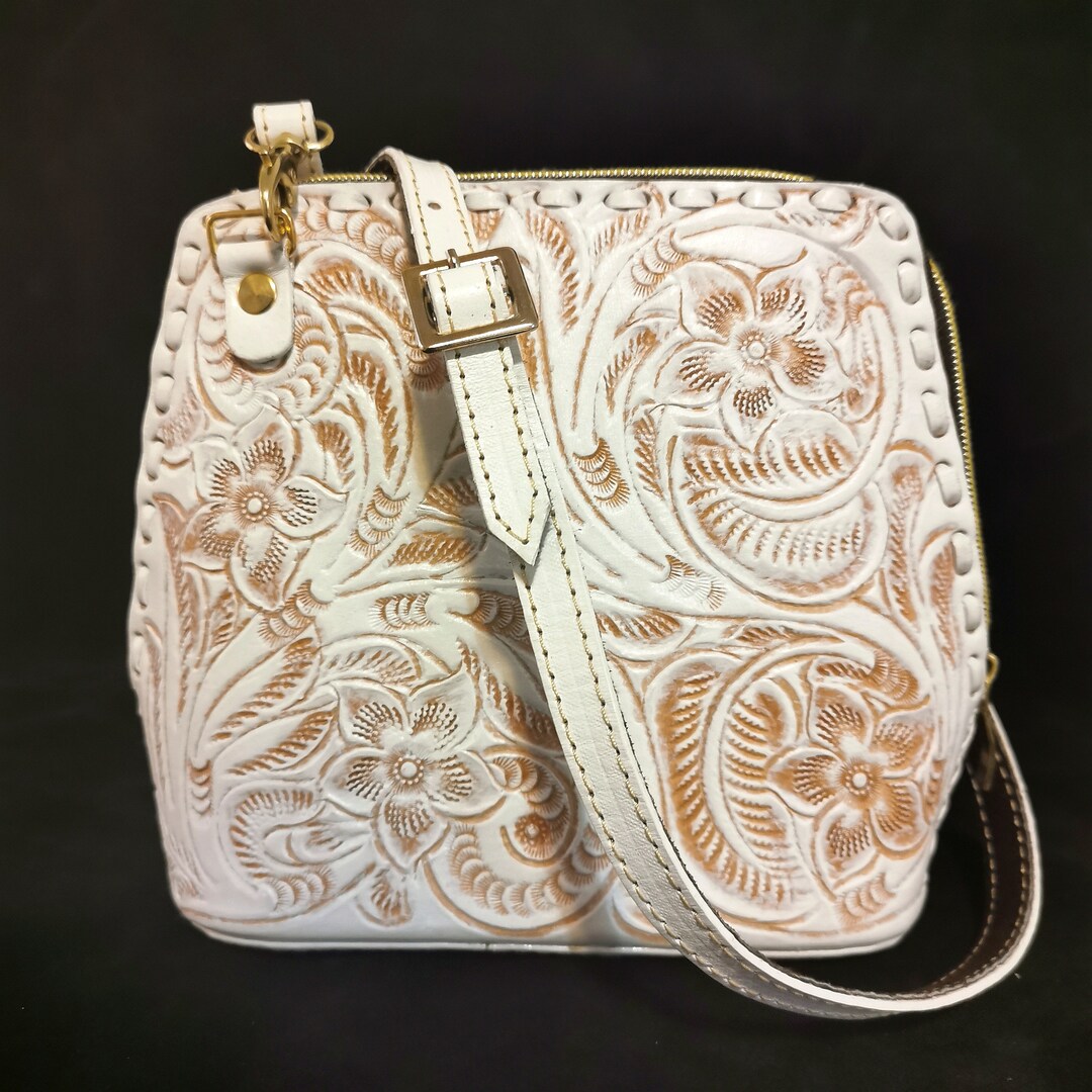 Small Leather Bag, White, Hand Tooled Leather - Etsy