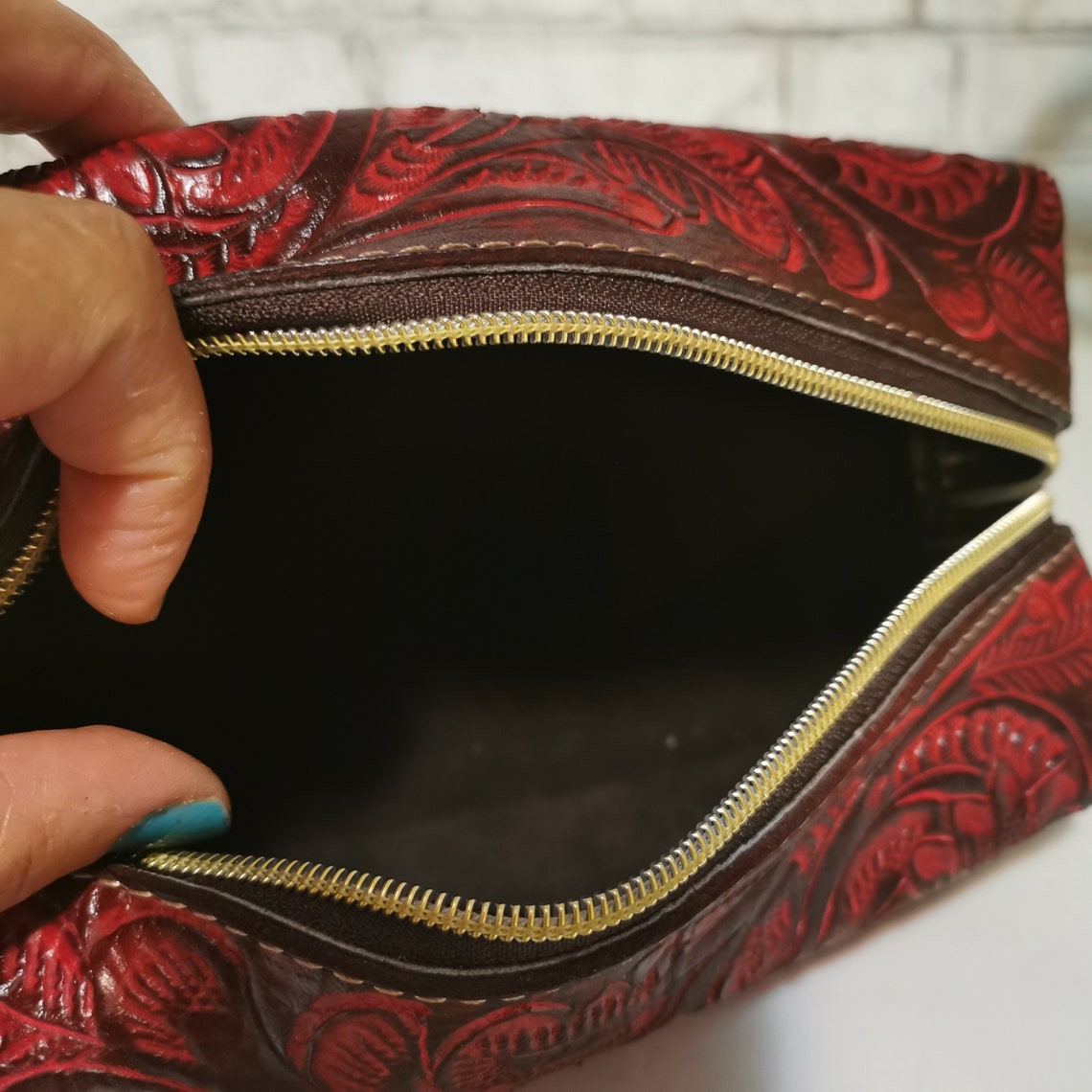 Leather Cosmetic Bag For Women Makeup Bag Hand Tooled | Etsy