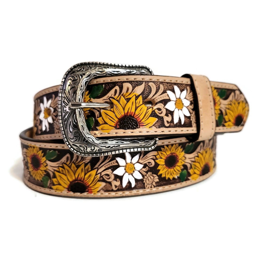 Embossed Sunflower Leather Belt: Western Boho Style With Removable ...