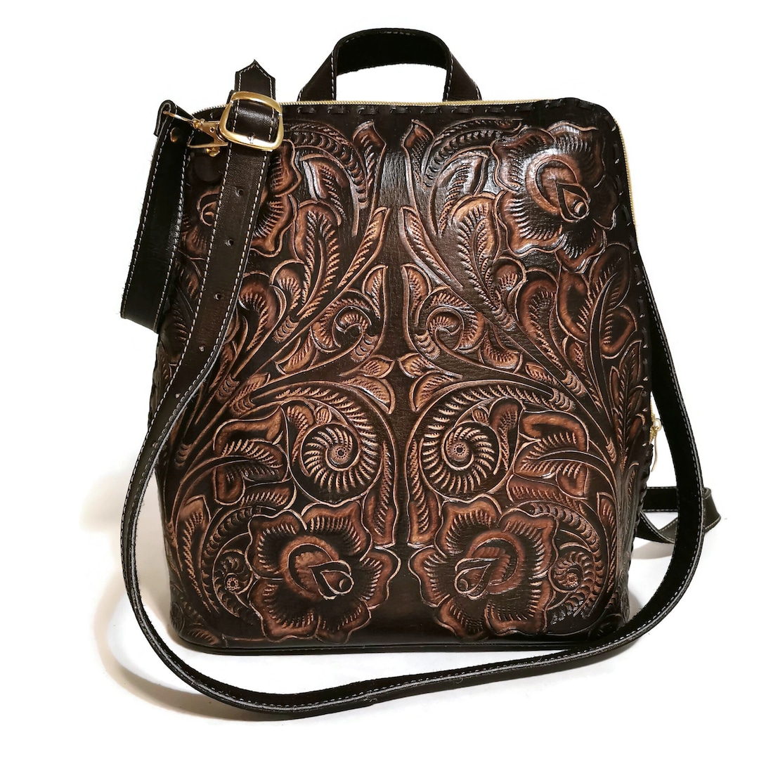 Leather BAG BACKPACK, Boho , Handmade, Hand Tooled, Brown , Womens ...