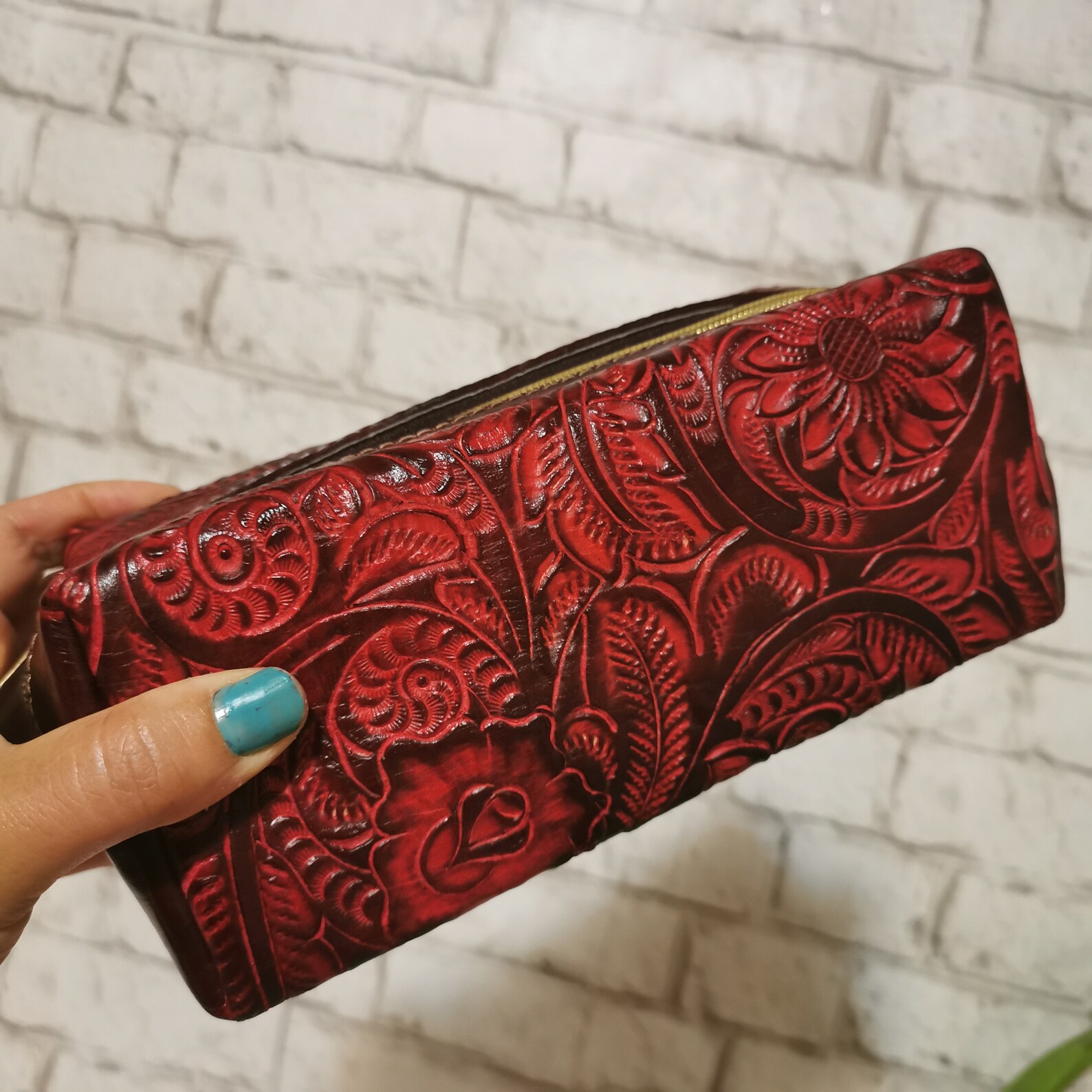 Leather Cosmetic Bag For Women Makeup Bag Hand Tooled | Etsy