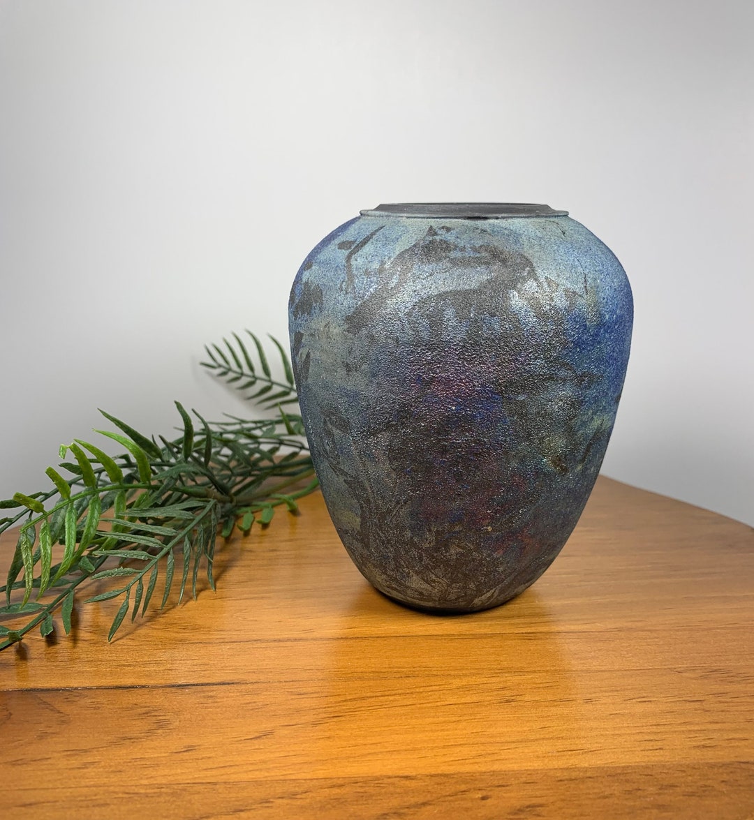 Vintage Blue Raku Vase 4.5 Tall Iridescent Blue, Grey, Copper Colours ...