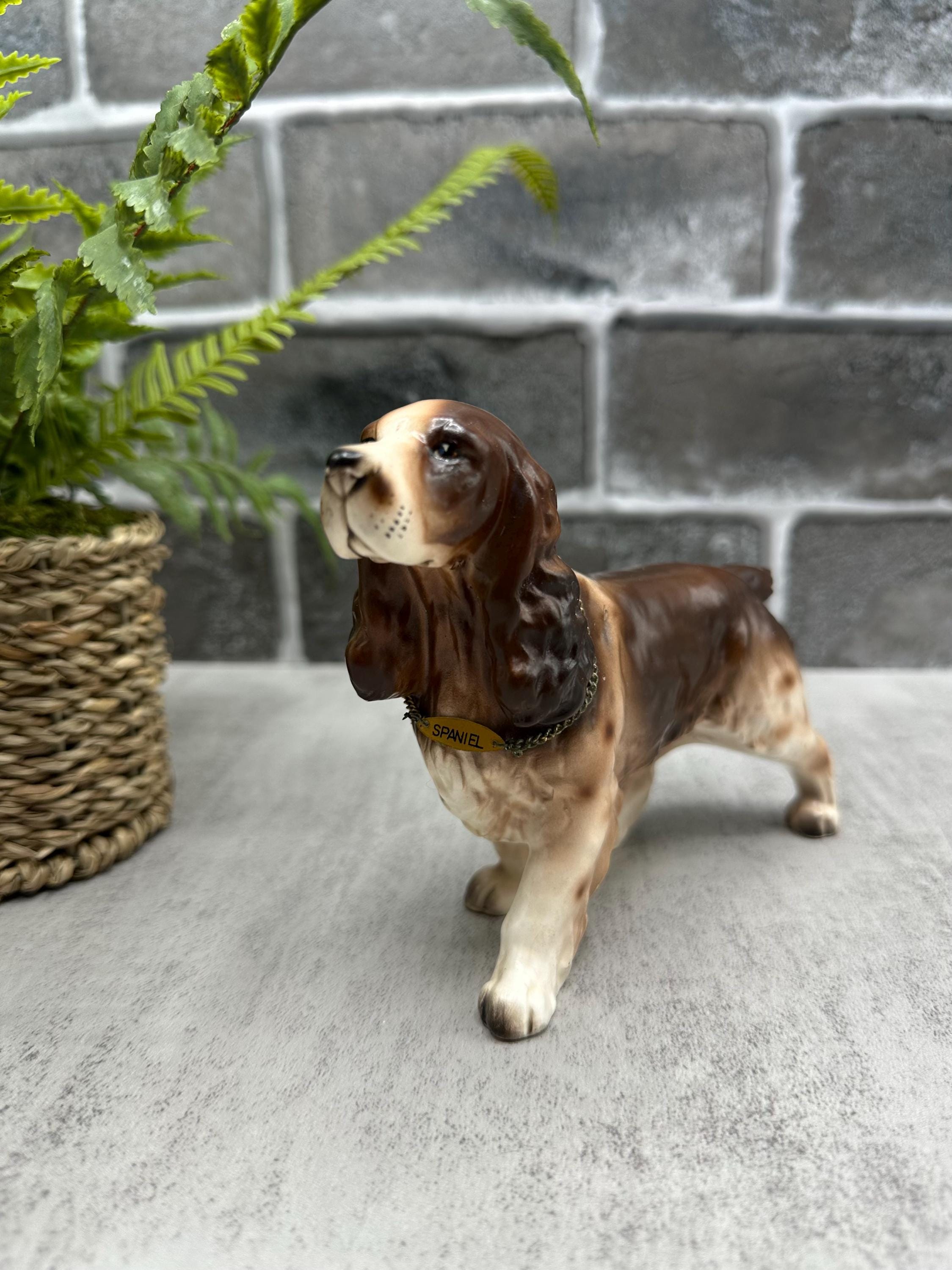 Vintage Cocker Spaniel Dog Figurine; Brown, White Dog; Breed Tag Chain ...