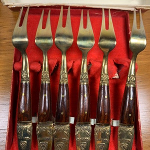 Set of 6 Two-pronged Small Forks Bronze and Wood Cocktail Forks From ...